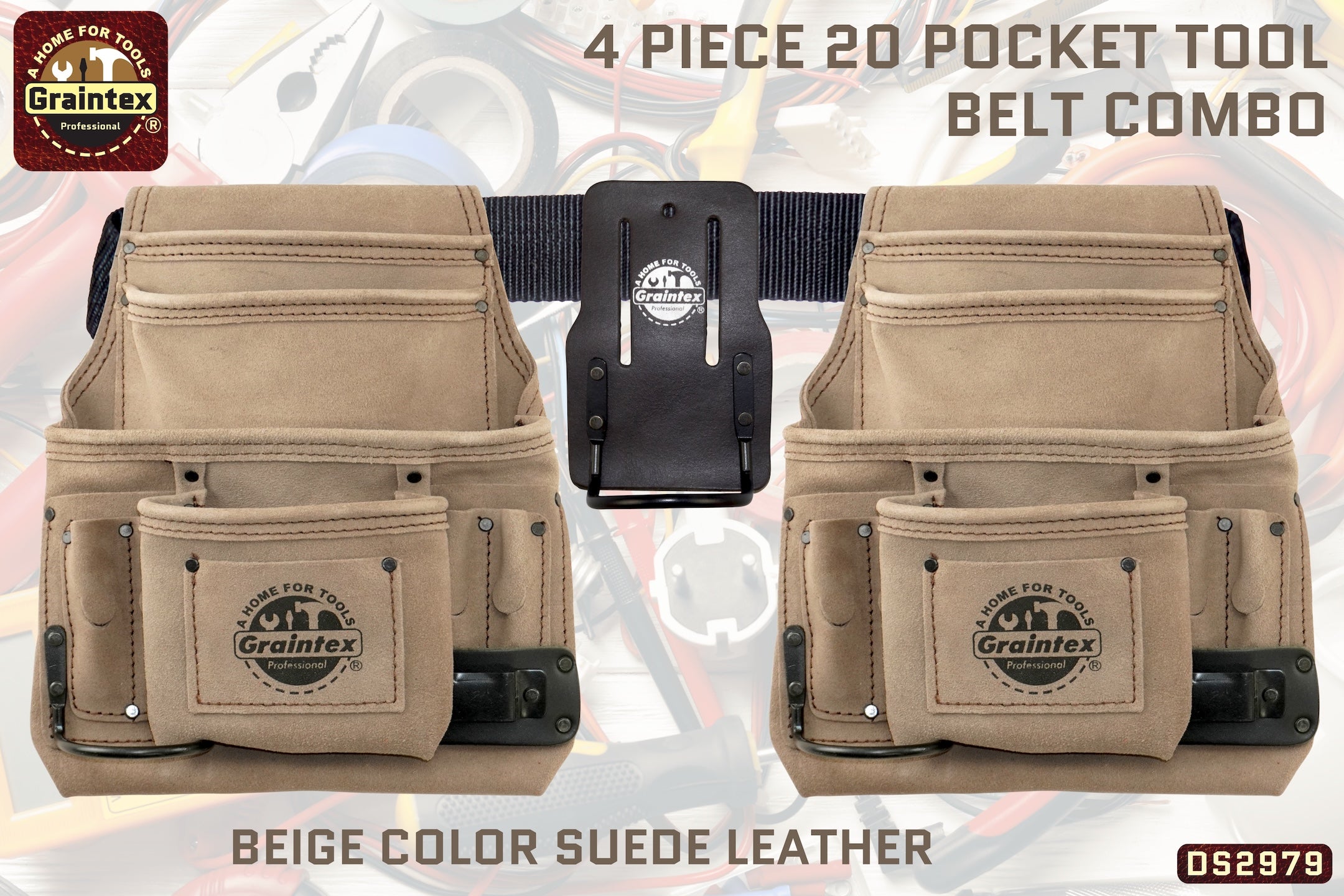 DS2979 :: 4 Piece 20 Pocket Tool Belt Combo Beige Color Suede Leather ...