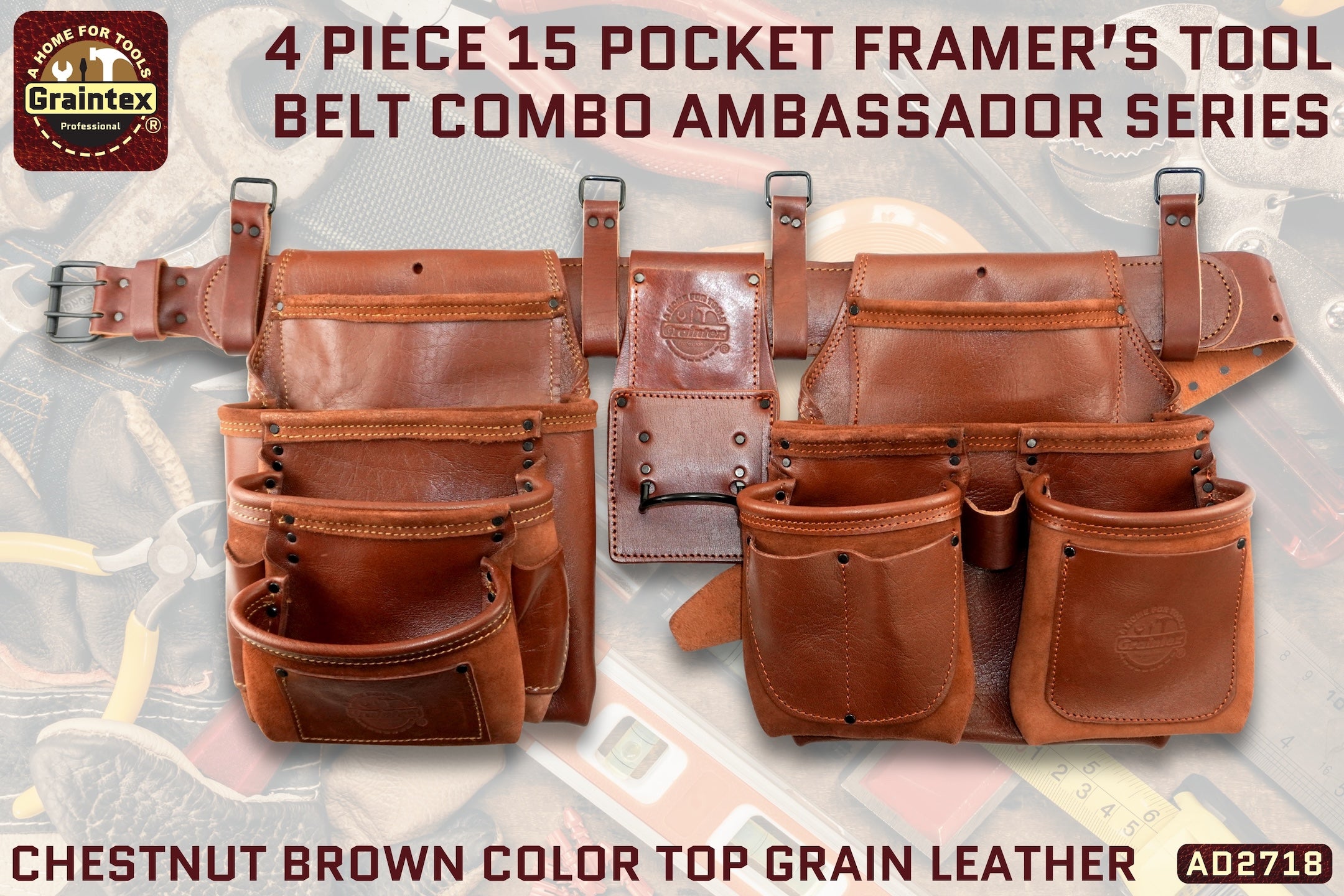 AD2718 :: 4 Piece 15 Pocket Framer's Tool Belt Combo Set Ambassador Se ...