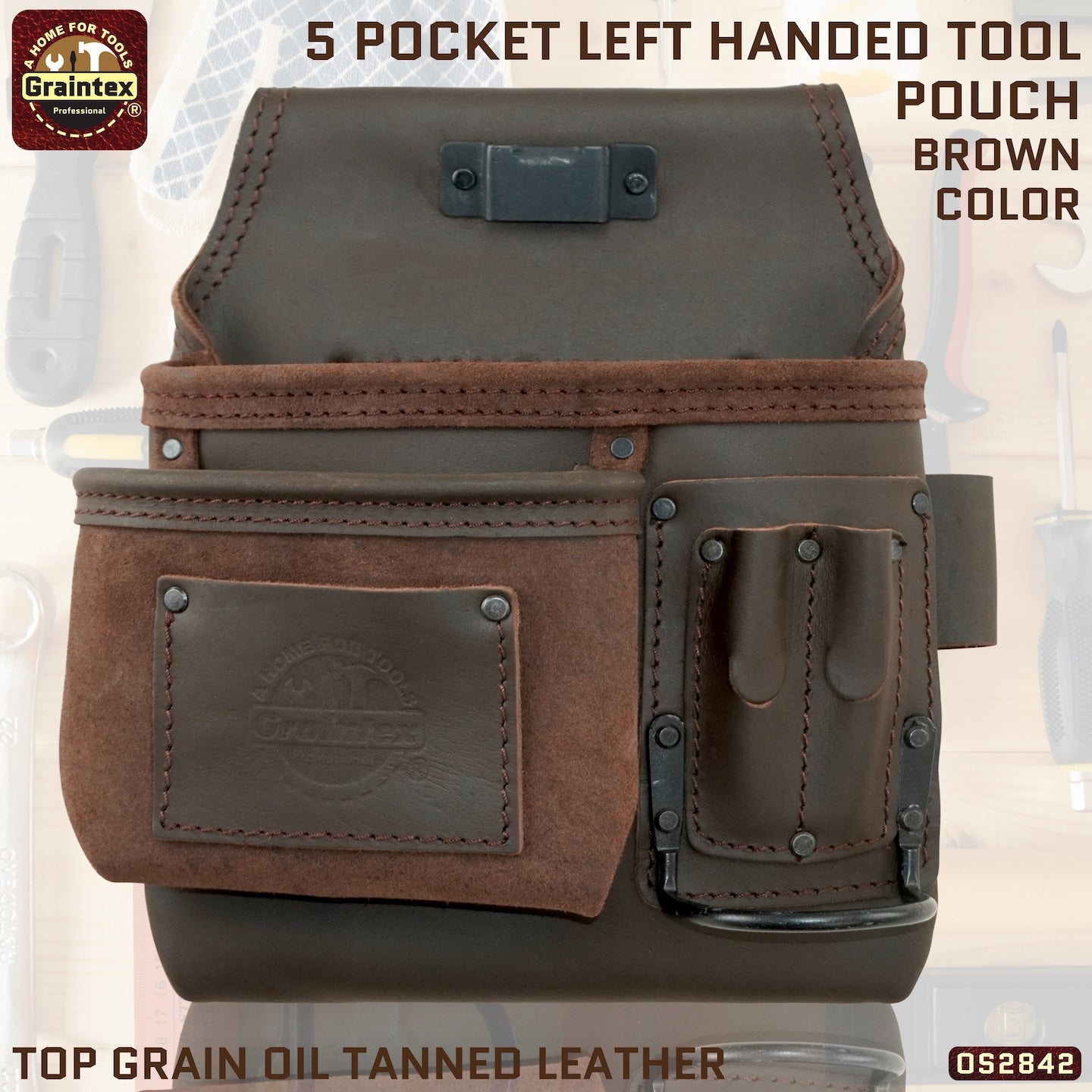 OS2842 :: 5 Pocket Left Handed Nail & Tool Pouch Brown Color Top Grain ...