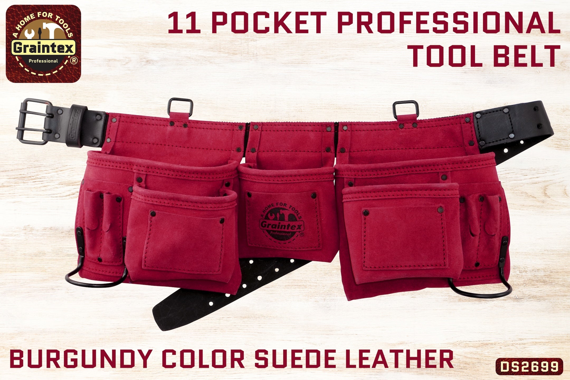 DS2699 :: 11 Pocket Professional Tool Belt Burgundy Color Suede Leathe ...