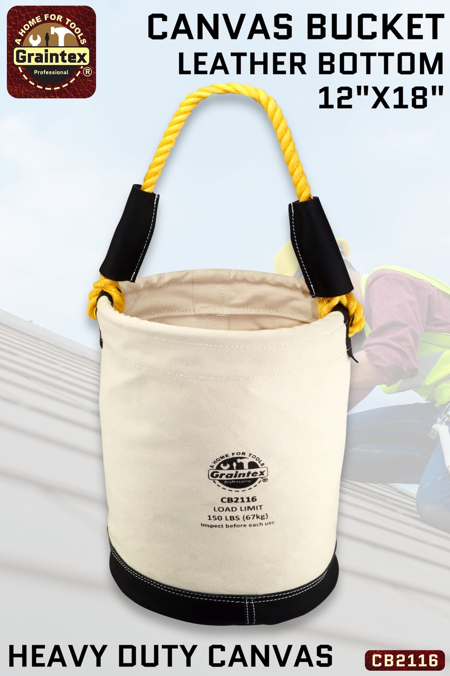 CB2116 :: UTILITY CANVAS BUCKET LEATHER BOTTOM 12”X18” ROPE HANDLE ...