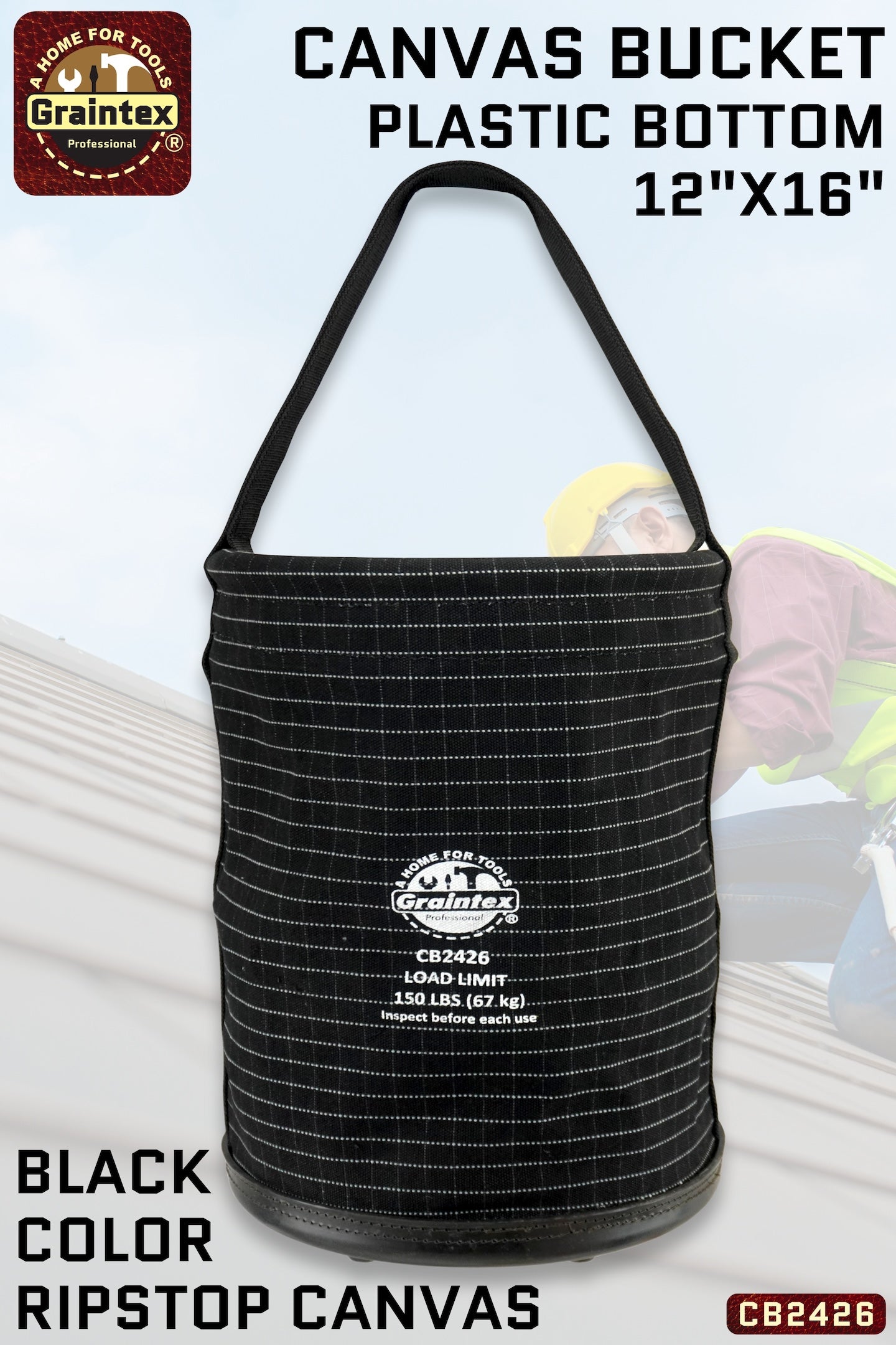 CB2426 :: UTILITY CANVAS BUCKET PLASTIC BOTTOM 12”X16” WEBBING HANDLE ...