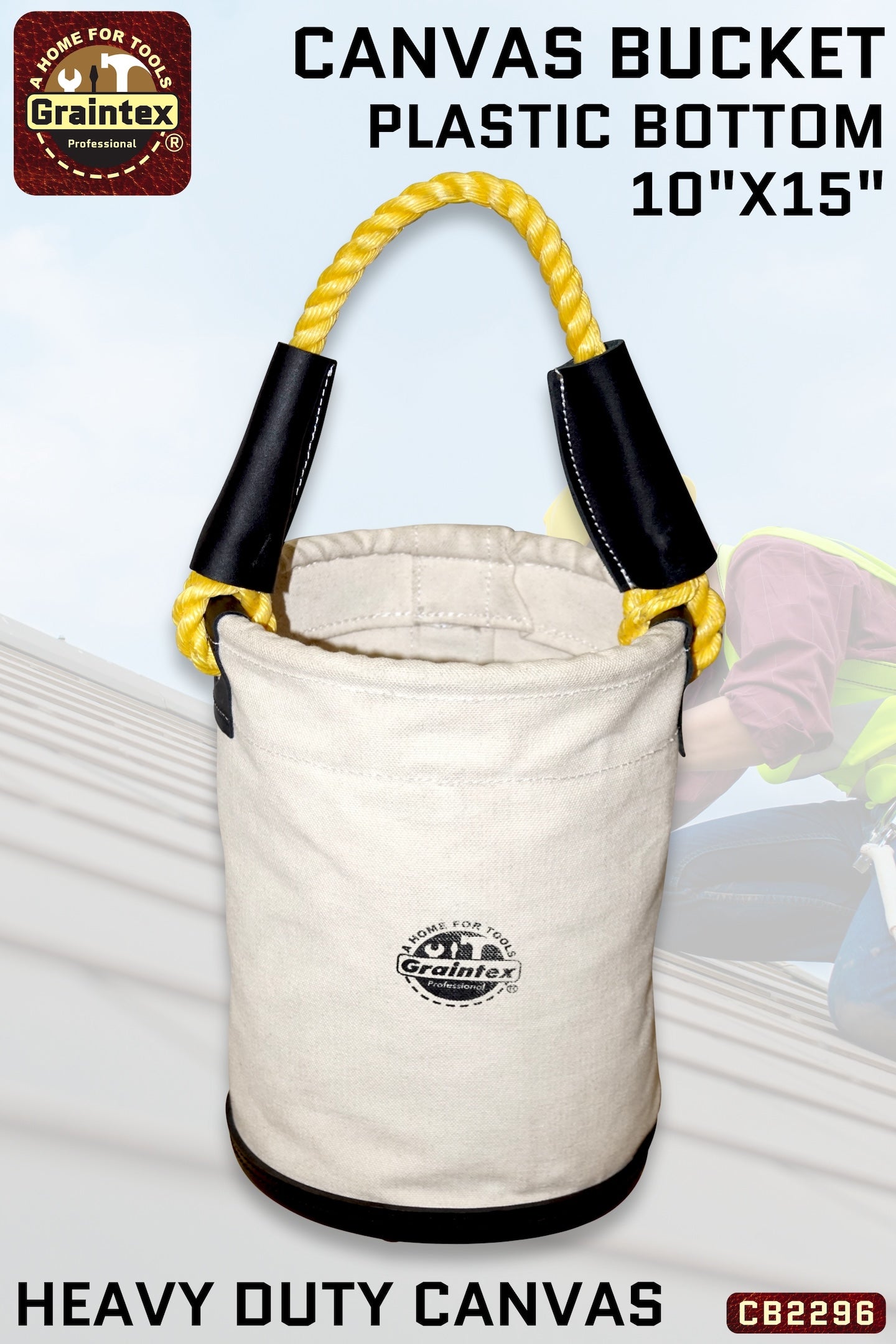 CB2296 :: UTILITY CANVAS BUCKET PLASTIC BOTTOM 10”X15” ROPE HANDLE ...