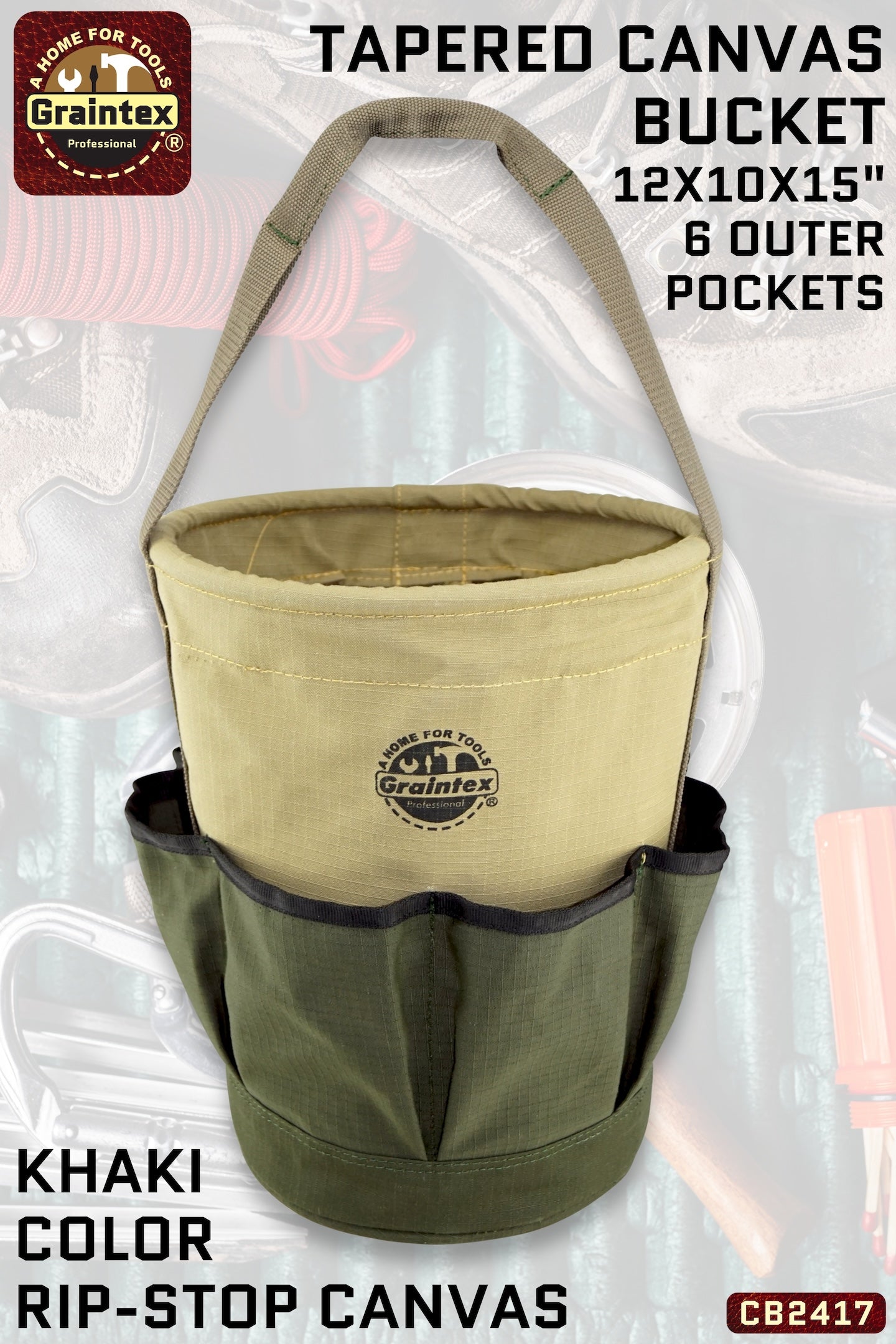 CB2417 :: MULTIPURPOSE TAPERED CANVAS BUCKET 6 OUTER POCKETS 12”X10”X1 ...