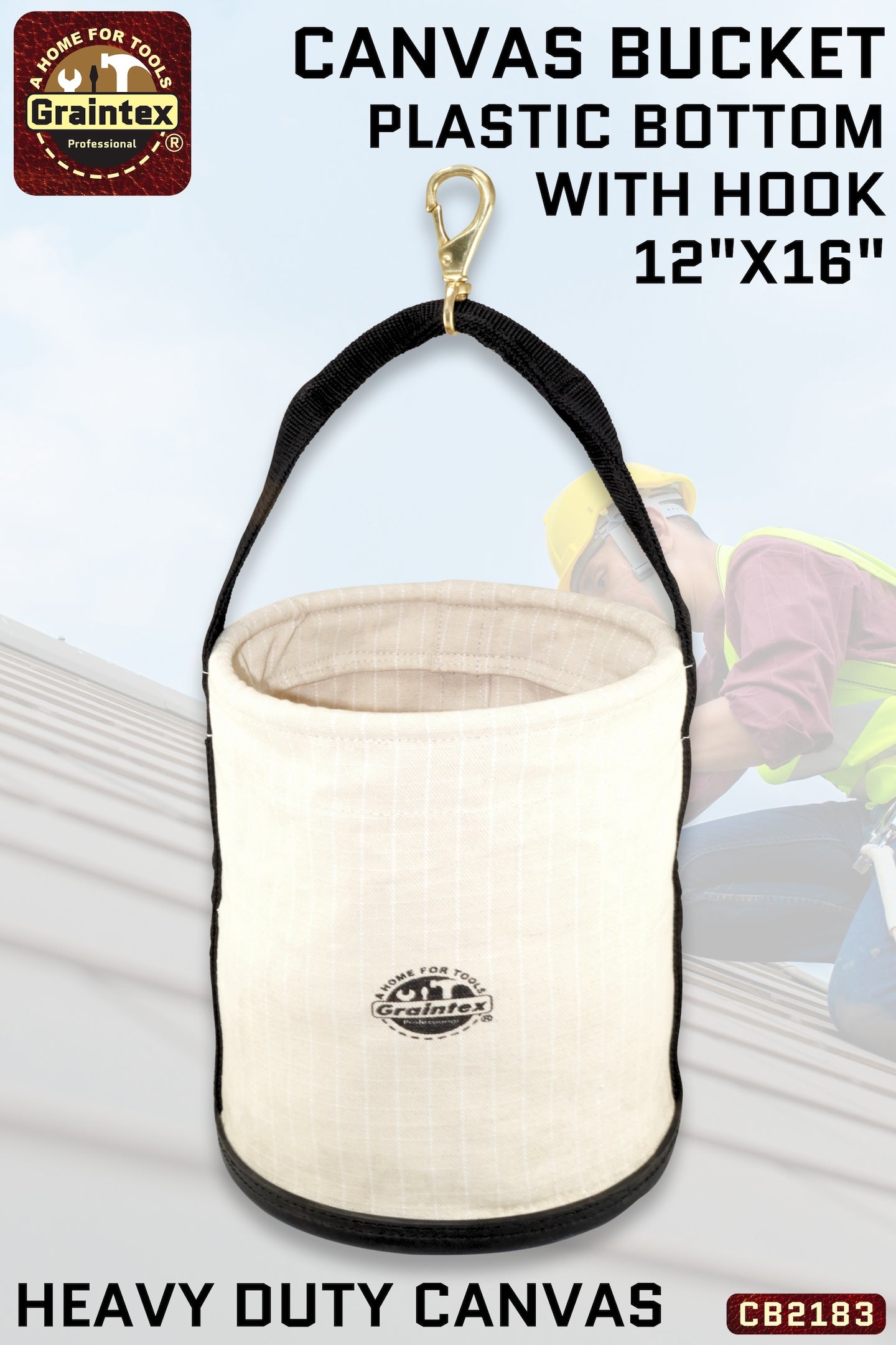 CB2183 :: UTILITY CANVAS BUCKET PLASTIC BOTTOM 12”X16” WEBBING HANDLE ...