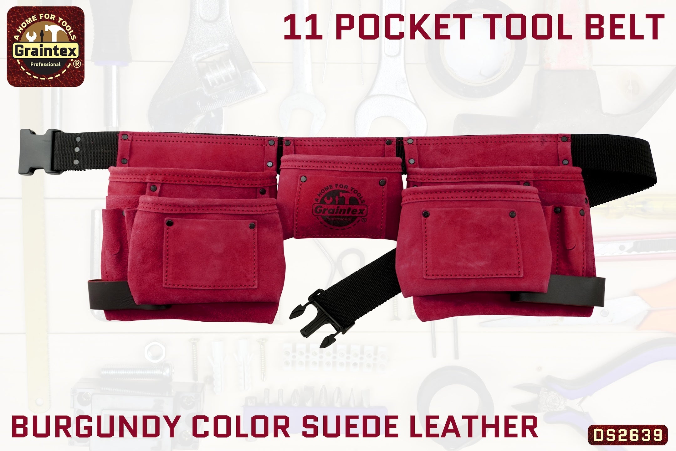 DS2639 :: 11 POCKET TOOL BELT BURGUNDY COLOR SUEDE LEATHER – Graintex