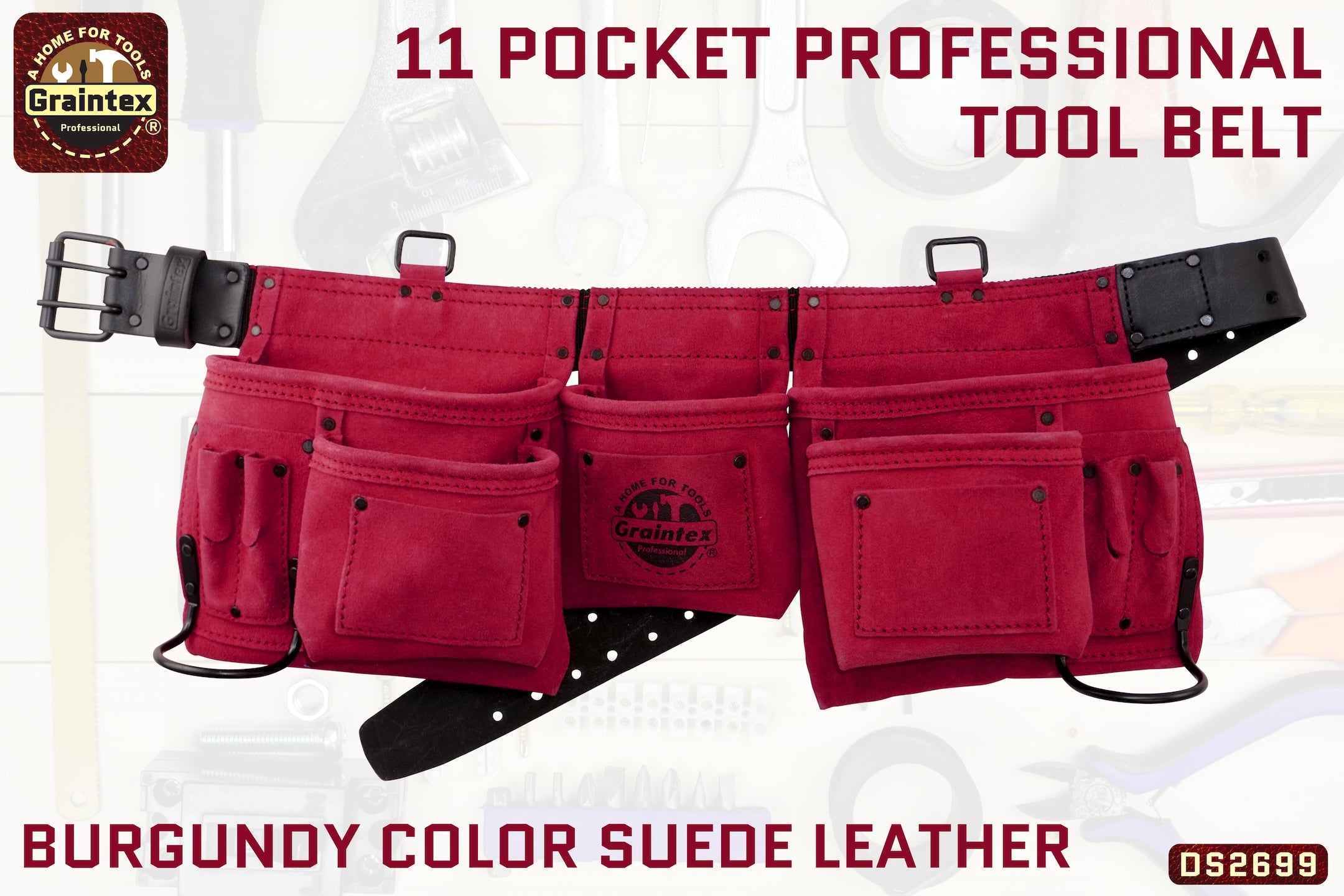 DS2699 :: 11 POCKET PROFESSIONAL TOOL BELT BURGUNDY COLOR SUEDE LEATHE ...